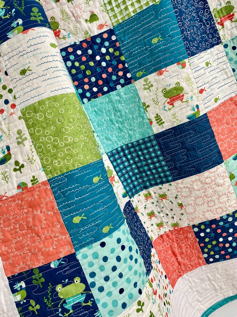 Baby Quilt Boy Patchwork Ready Set Splash Aqua Blue White - Etsy