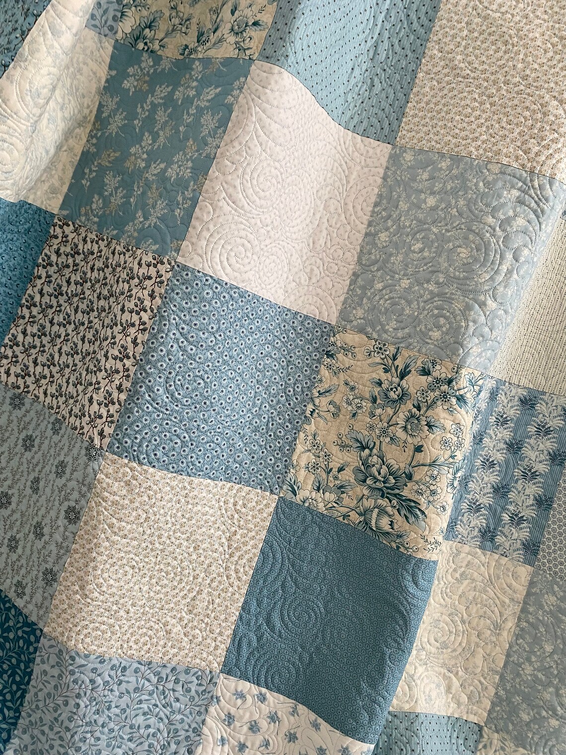 King Patchwork Quilt W/ Designer Fabric Blue White Cream - Etsy