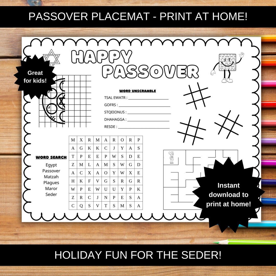 Passover Activity Placemat for Kids | Pesach Games & Entertainment ...