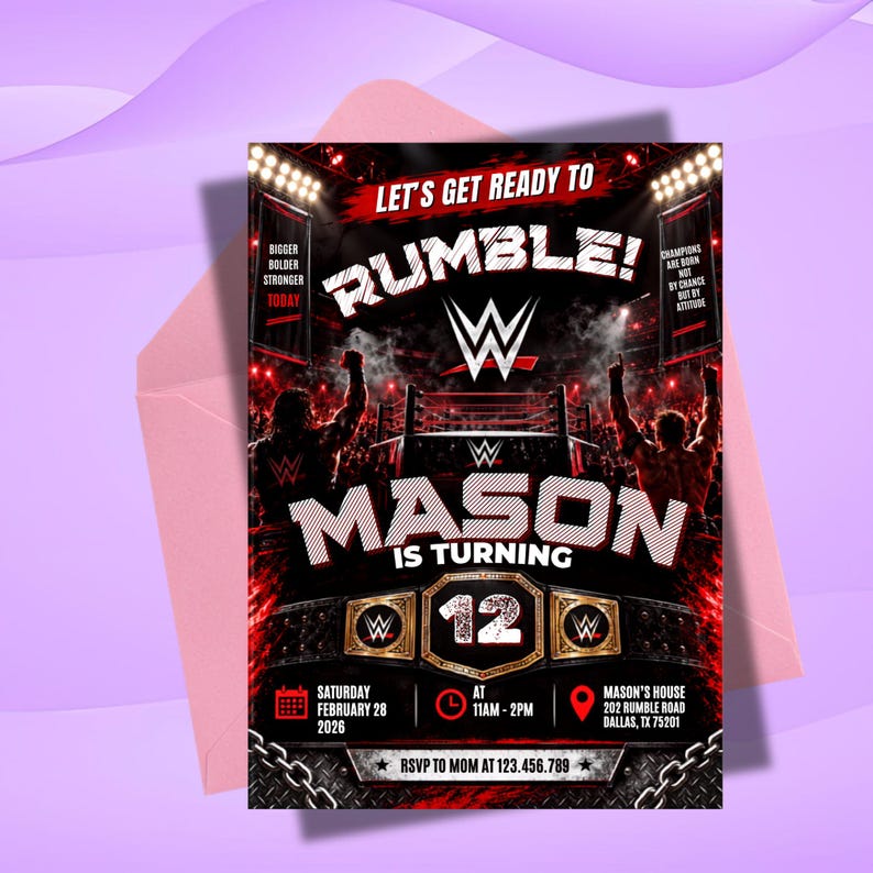 Wrestling Birthday Invitation, Wrestling Party Invite, Championship ...