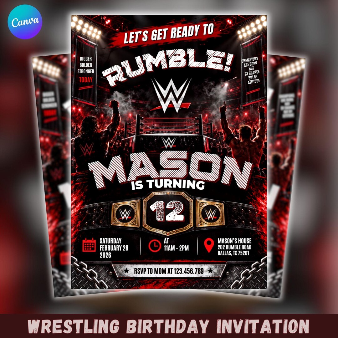 Wrestling Birthday Invitation, Wrestling Party Invite, Championship ...