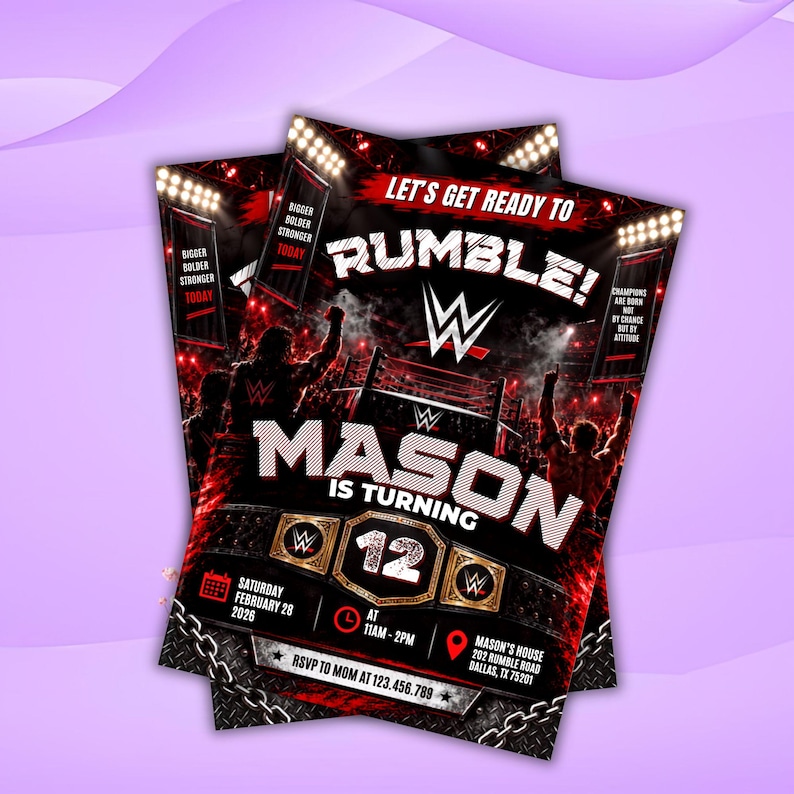 Wrestling Birthday Invitation, Wrestling Party Invite, Championship ...