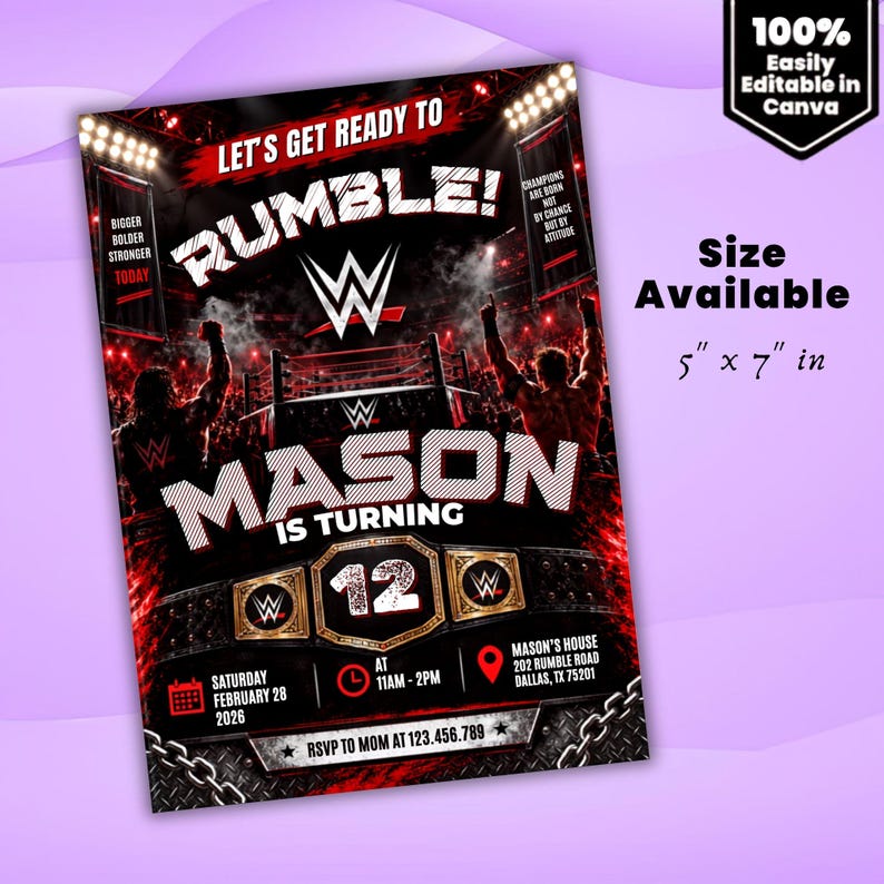 Wrestling Birthday Invitation, Wrestling Party Invite, Championship ...