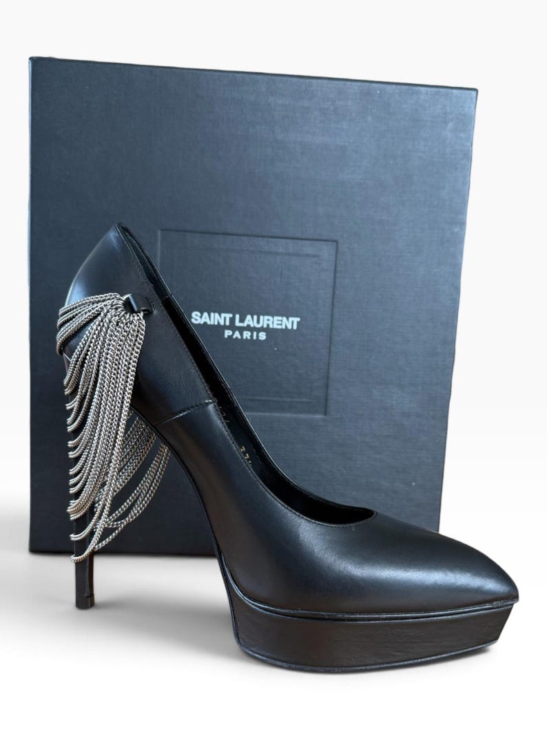 Rare Saint Laurent Janis Long Chain Runway Platform Pumps Black Leather ...