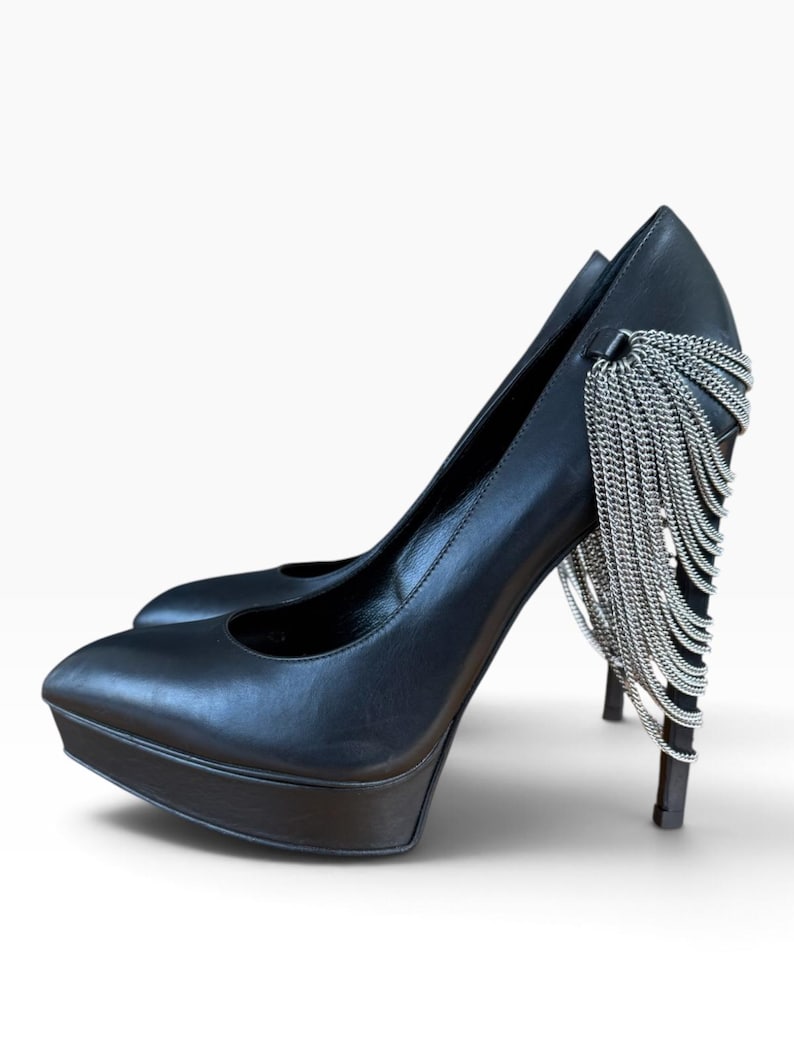 Rare Saint Laurent Janis Long Chain Runway Platform Pumps Black Leather ...