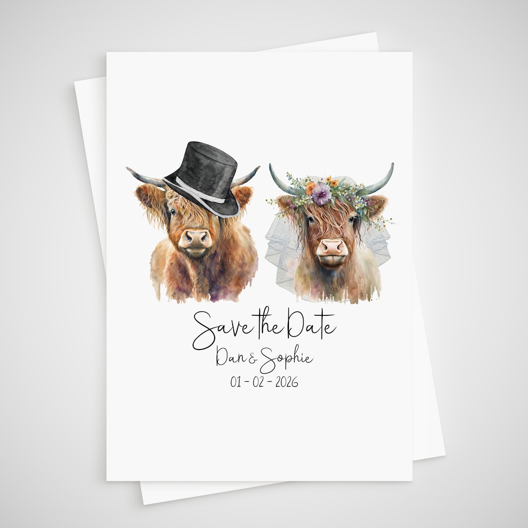 Save the Date Cow Wedding Card Personalised Highland Bride & Groom - Etsy