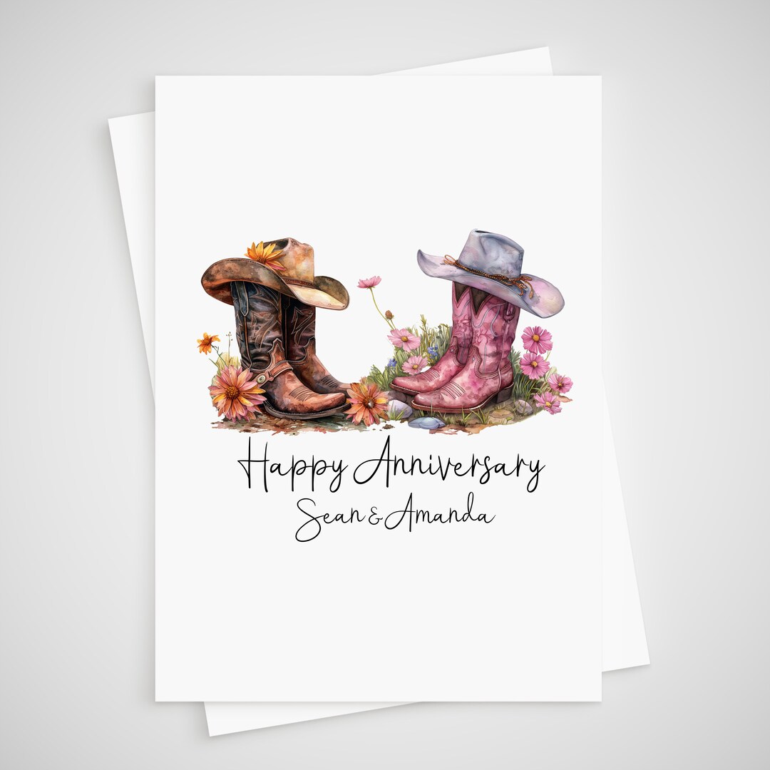 Cowboy Anniversary Card Personalised Cowgirl Western Boots Hat Country ...
