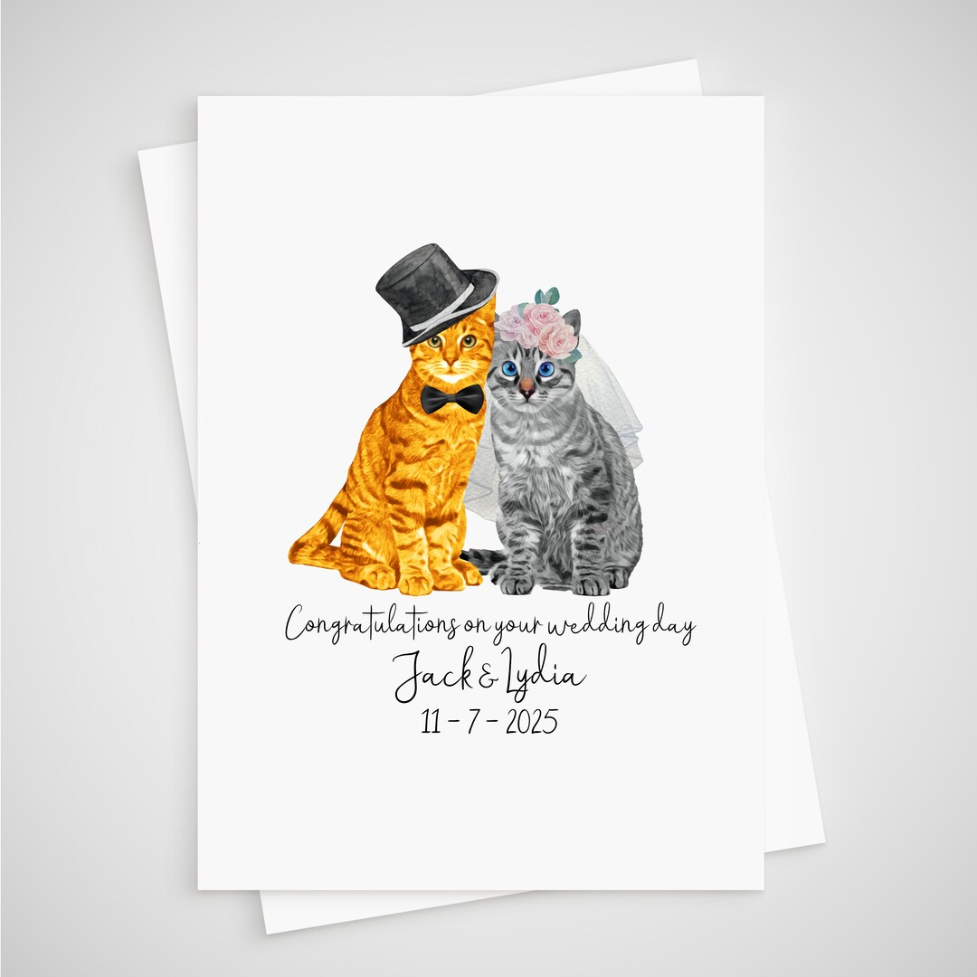 Cat Wedding Card Personalised Bride & Groom - Orange Tabby Silver - Etsy