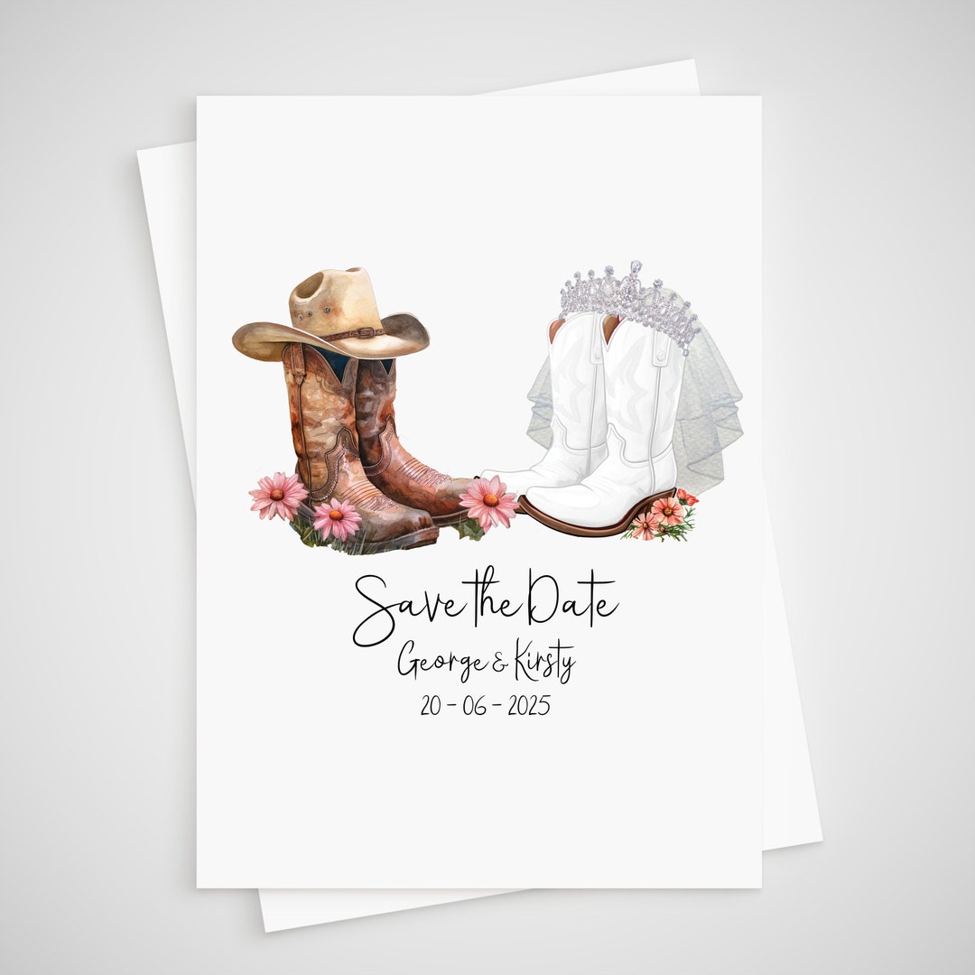 Save the Date Cowboy Wedding Card Personalised Cowgirl Boots Country ...