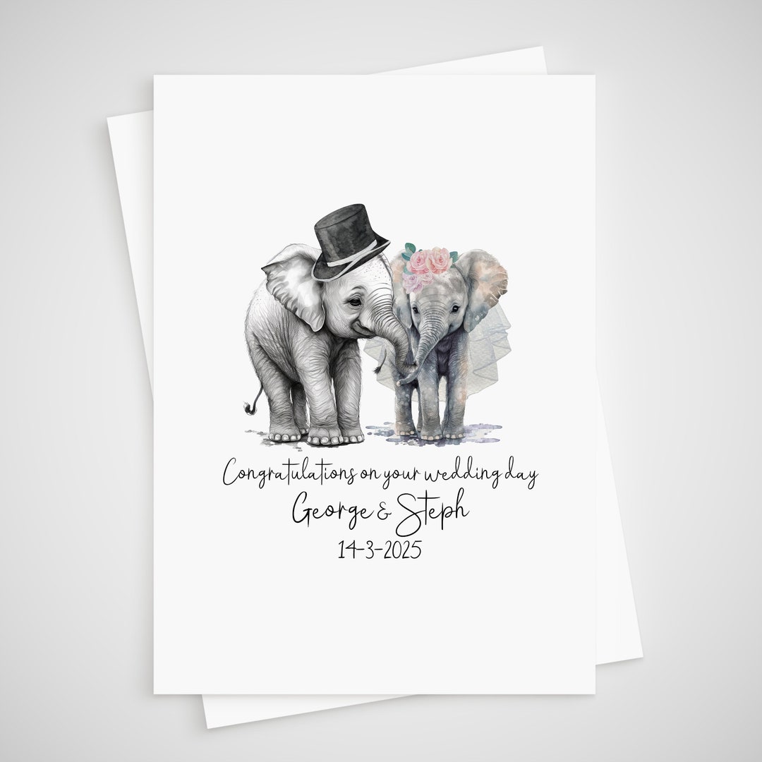 Elephant Wedding Card Personalised Bride & Groom - Etsy