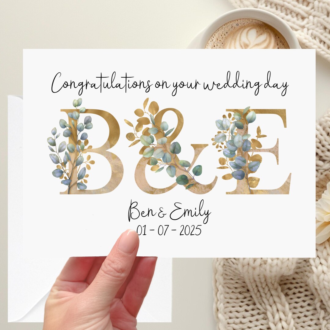 Monogram Wedding Card Personalised Initials Eucalyptus Gold - Etsy