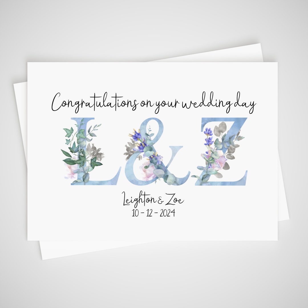 Personalised Wedding Card Monograms Initials Blue Flowers - Etsy