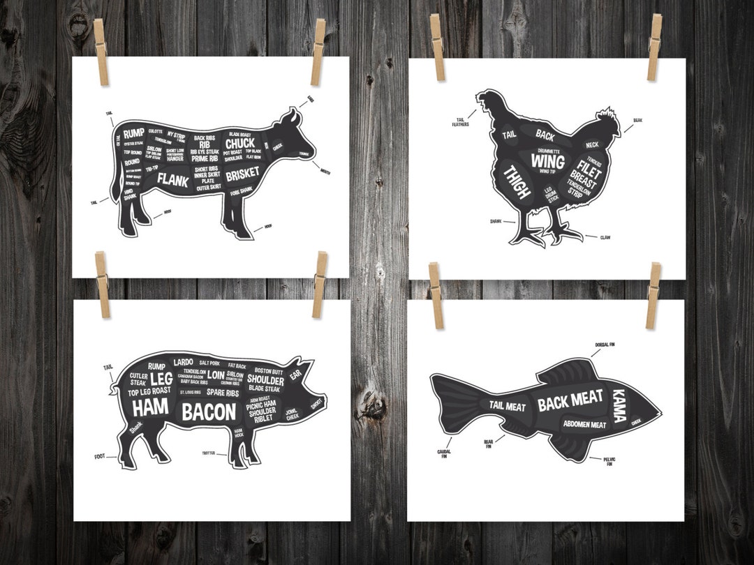 4 Butcher Diagram Prints, Cow, Pig, Fish, Chicken, Kitchen Print ...