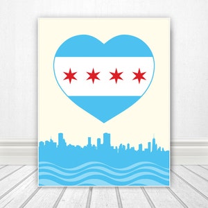 Chicago Heart Flag With Skyline, Chicago Poster Print, Chicago Art, CHI ...