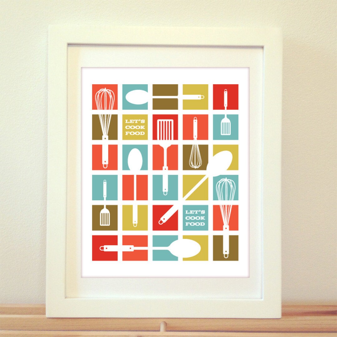 Let's Cook Food, Squares, Mid Century Modern Art, Home Decor, Kitchen ...