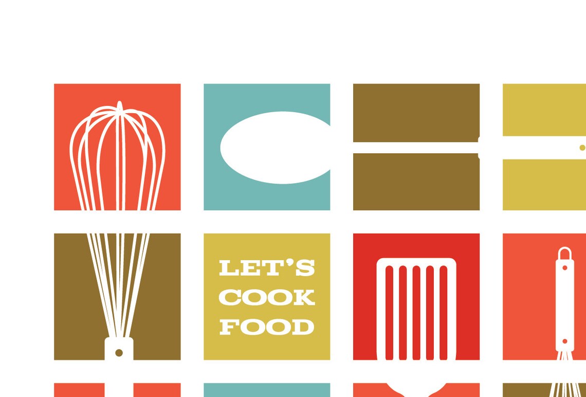 Let's Cook Food Squares Mid Century Modern Art Home - Etsy