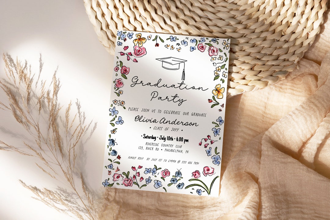 Colorful Graduation Party Invitation Template, Hand Drawn Spring Floral ...
