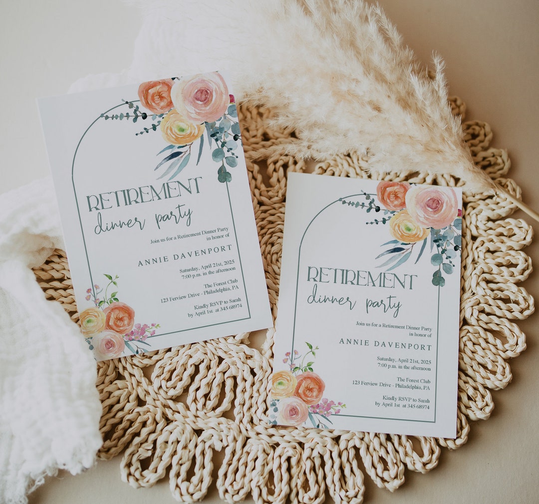 Retirement Party Floral Invitation Printable, Boho Green Retirement ...