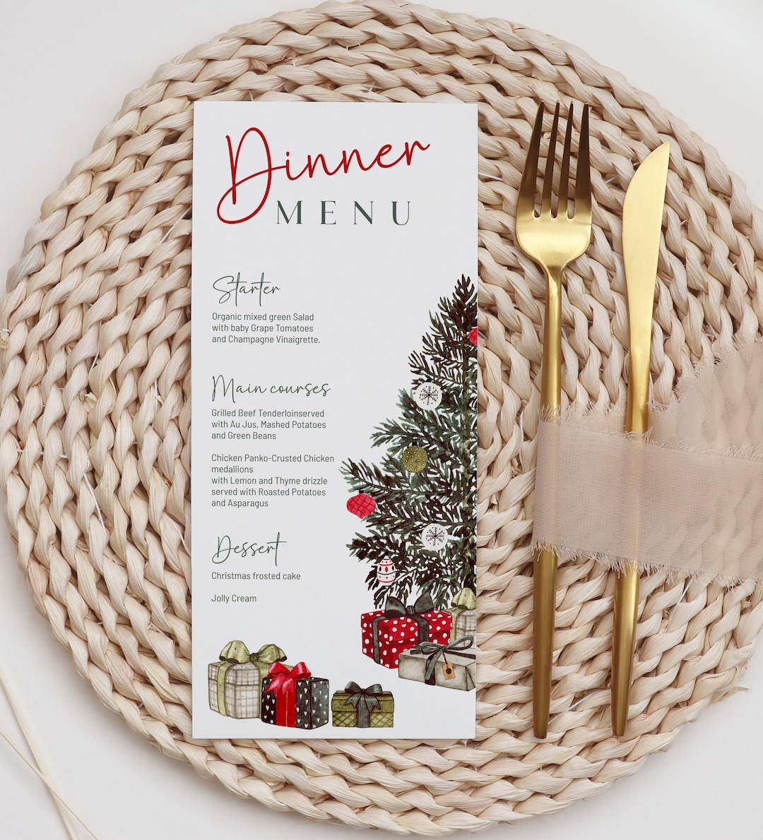 Christmas Menu Card Template, Editable Red Green Holiday Card ...