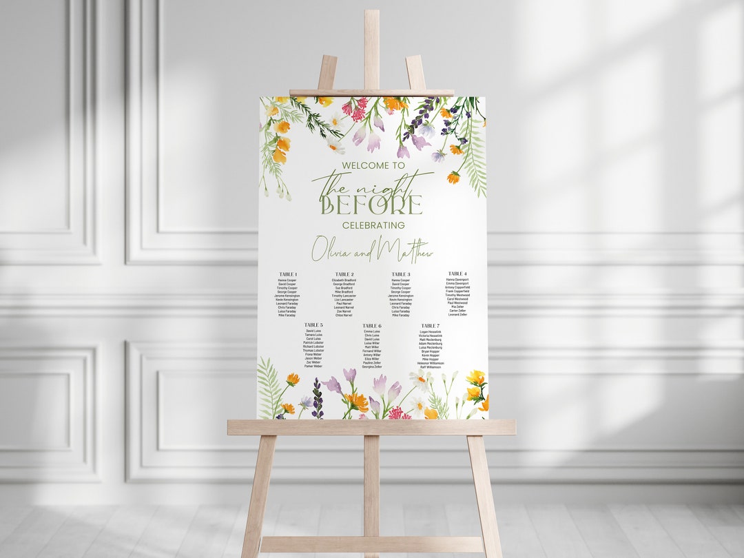 Rehearsal Dinner Seating Chart and Welcome Template, the Night Before Signage, Wildflowers ...