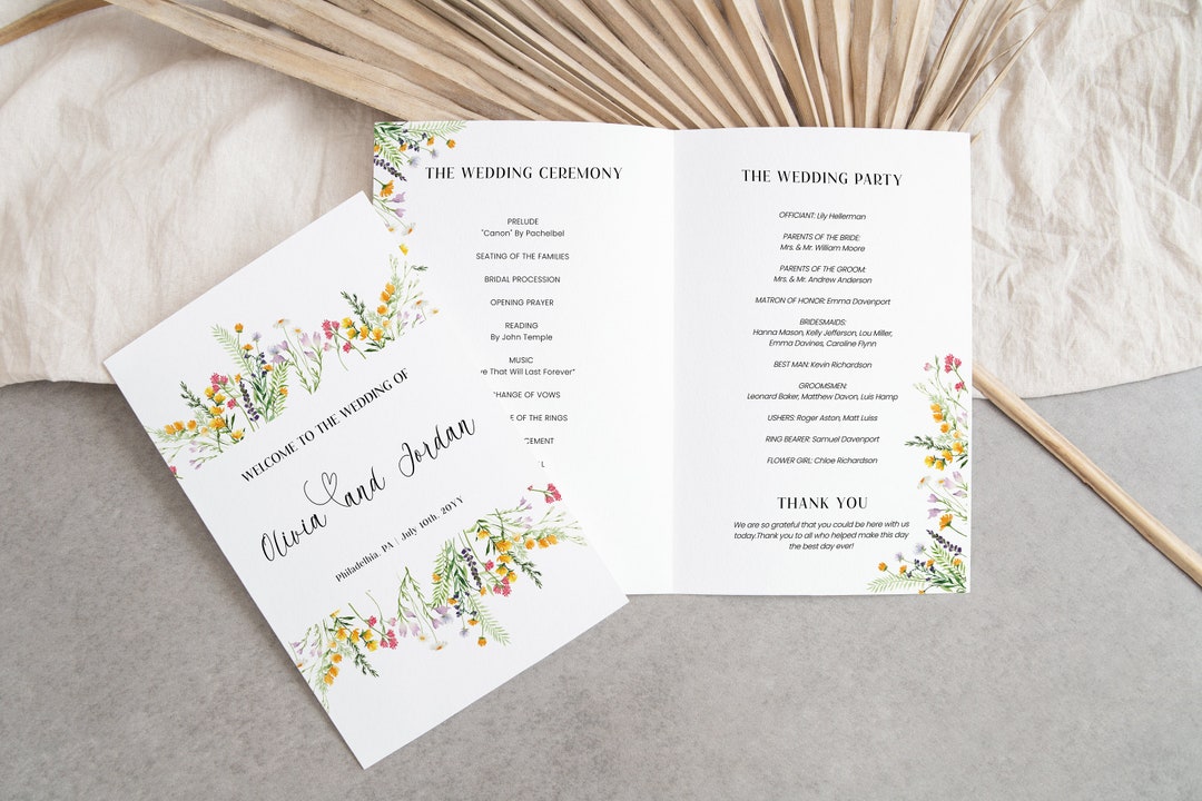 Wildflower Wedding Program Template, Wedding Day Floral Program ...