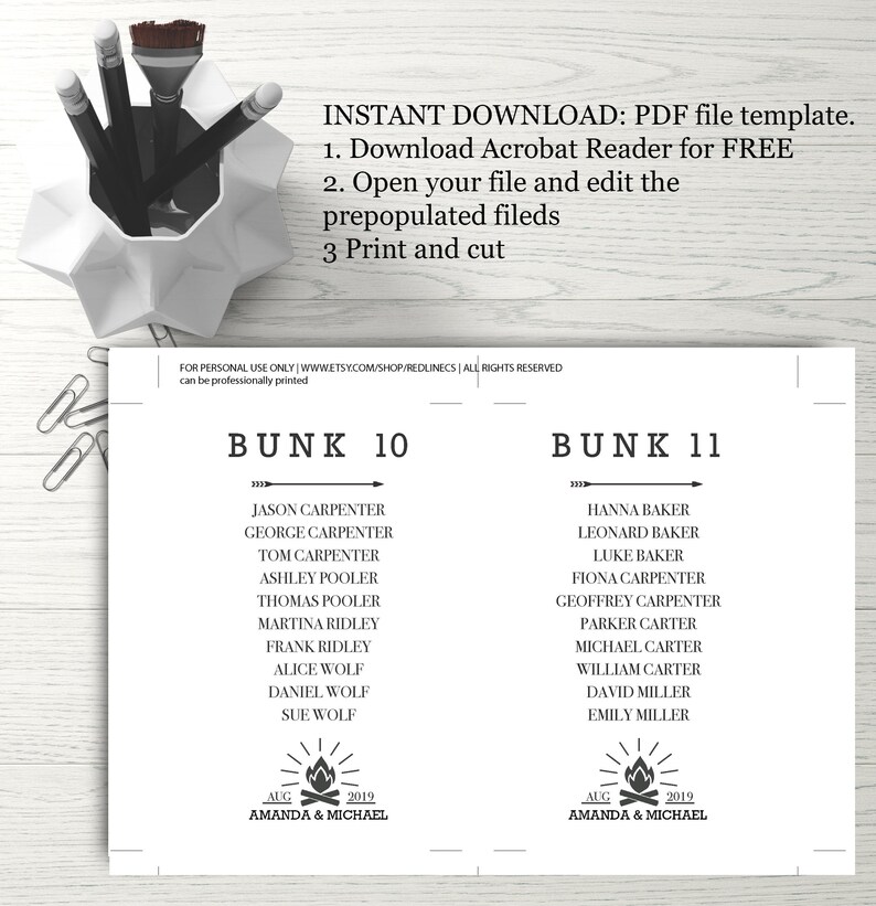 Seating Chart Cards Template With Arrow and Camp Fire, Great for ...