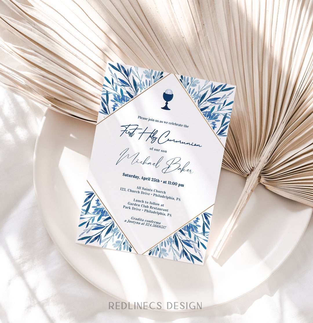 Blue First Communion Invitation Template, Blue Foliage Communion Invite ...