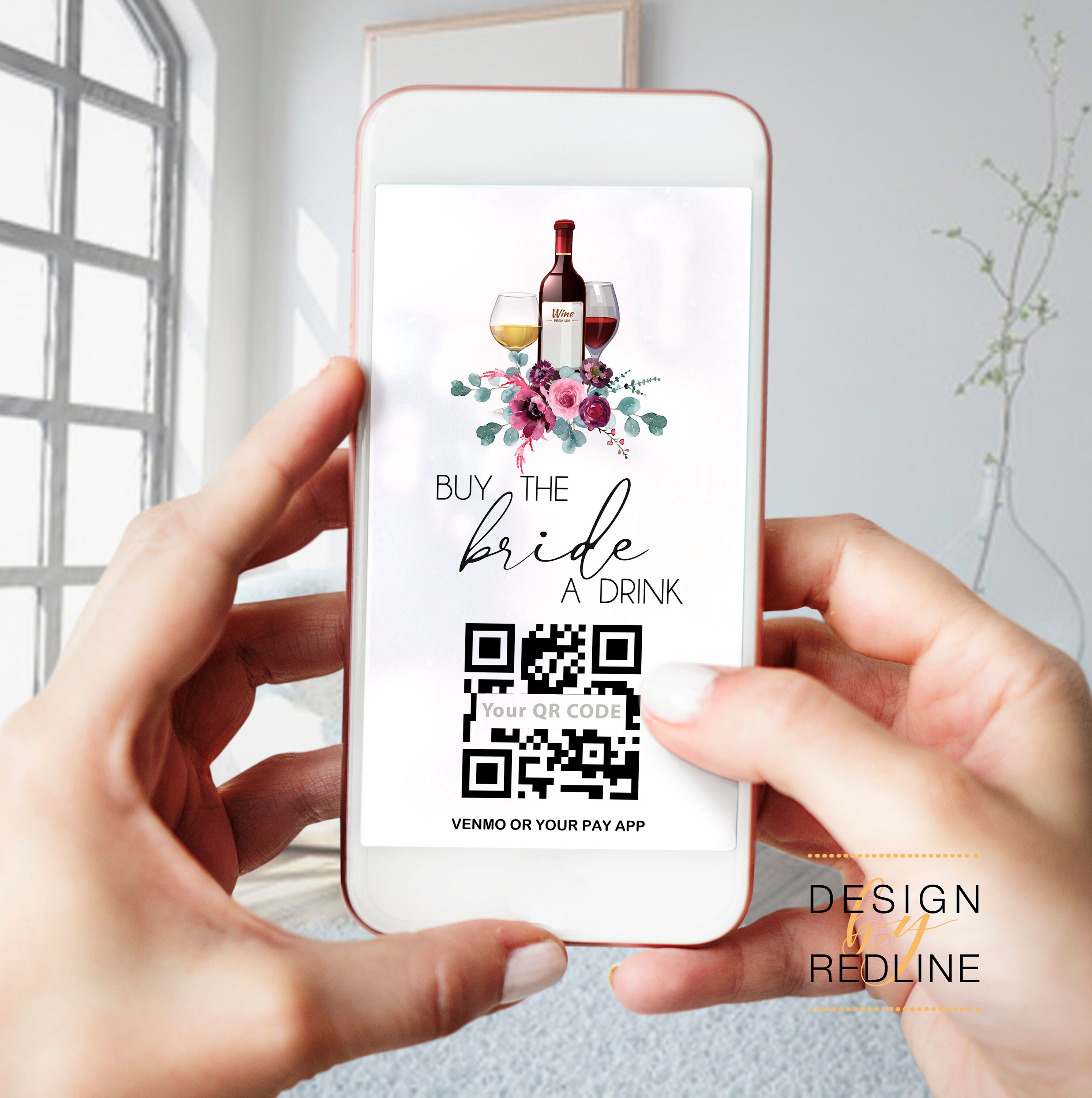 Buy The Bride A Drink Qr Code Digital Template Floral Wine Virtual 