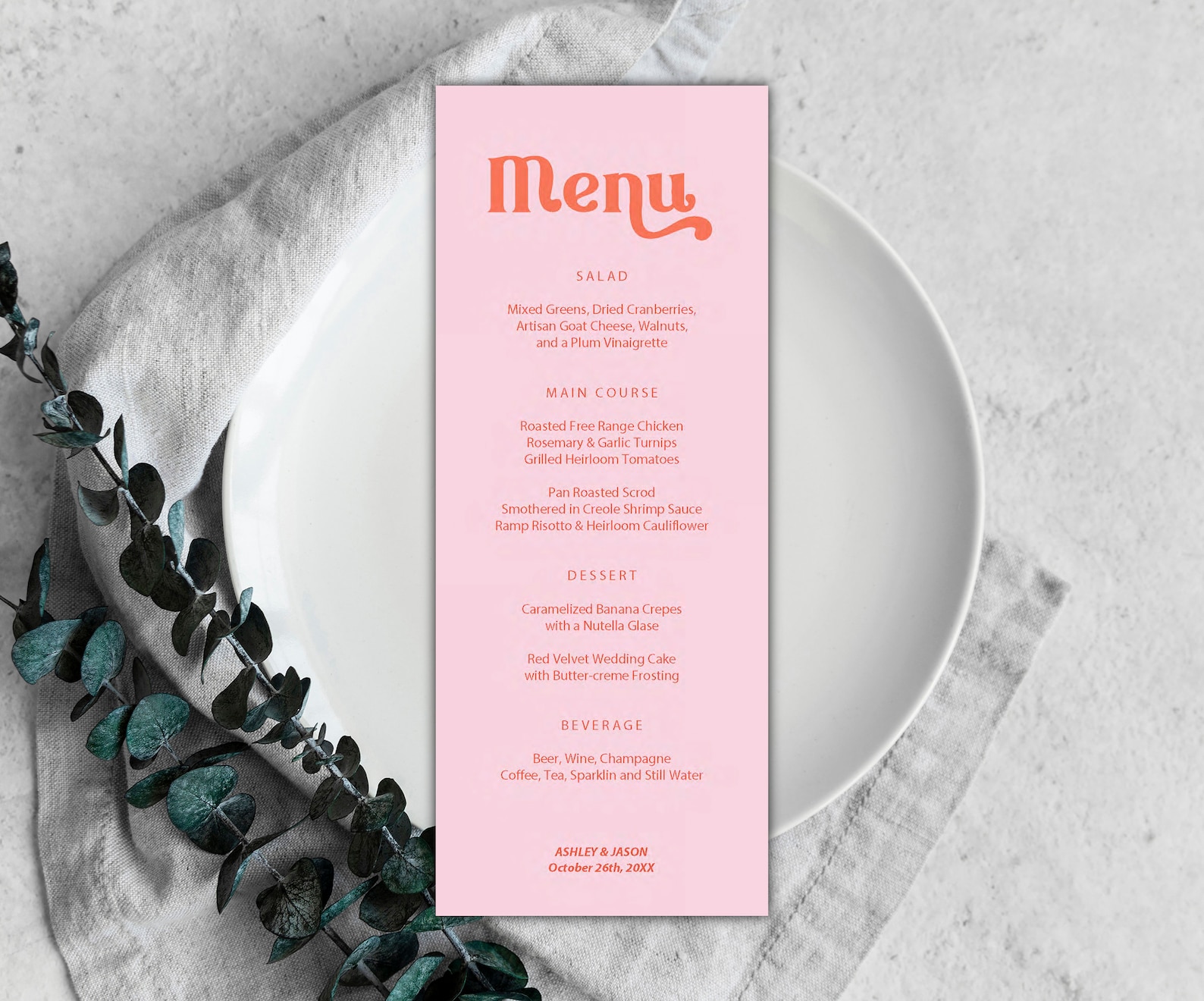 Retro Pink and Orange Menu Card Printable Fancy Font Bold - Etsy
