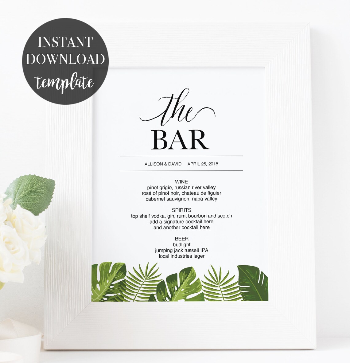 Bar Menu Wedding Sign Printable Template Tropical Printable | Etsy