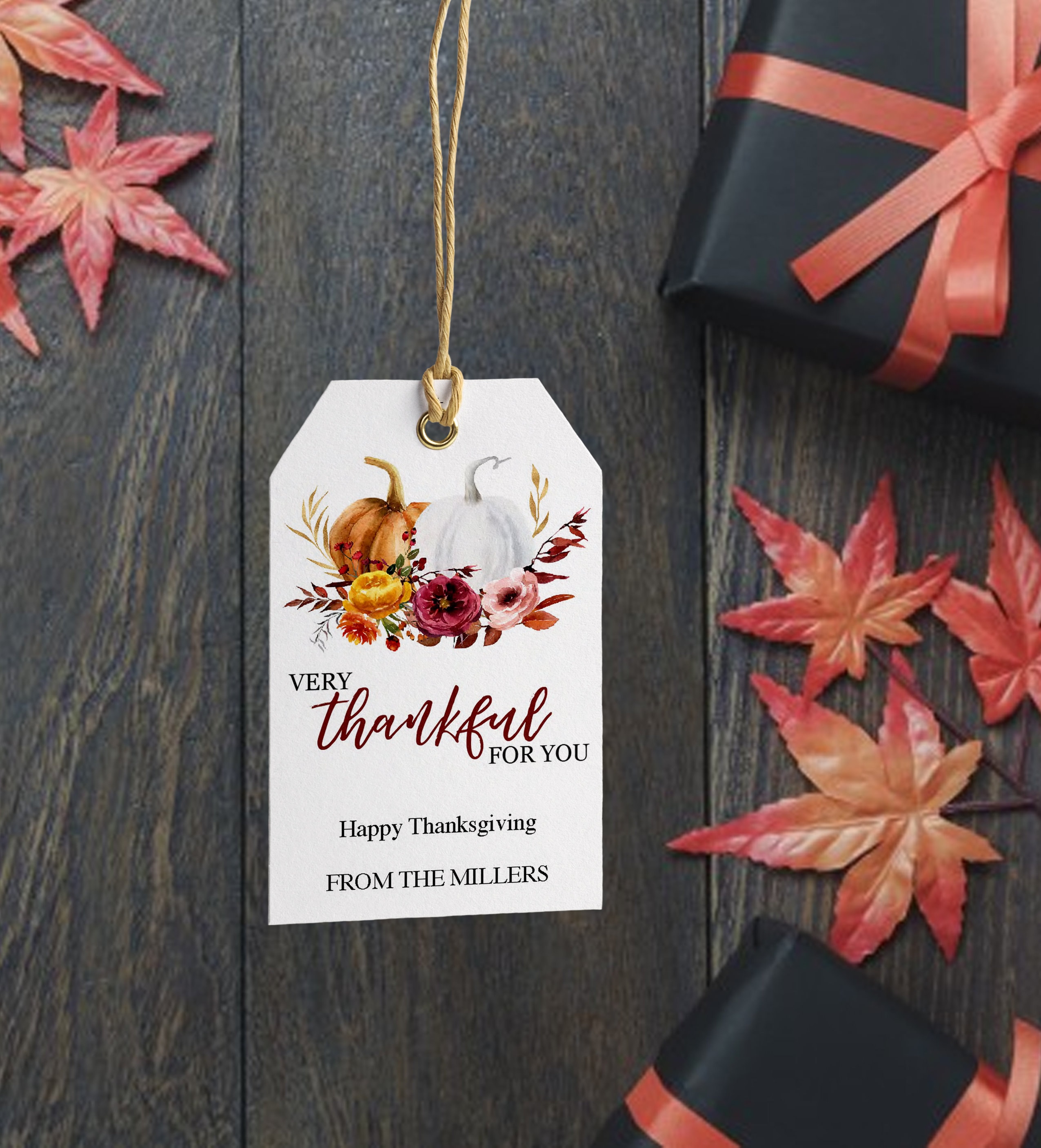 Fall Watercolor Thankful gift tag, Pumpkins elegant favor tag template ...