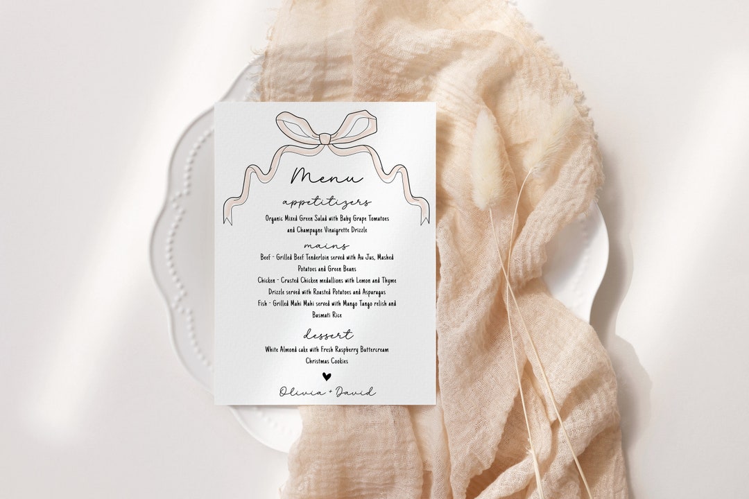 Elegant Menu Template, Hand Drawn Bow, Wedding Stationary, Dinner Menu ...