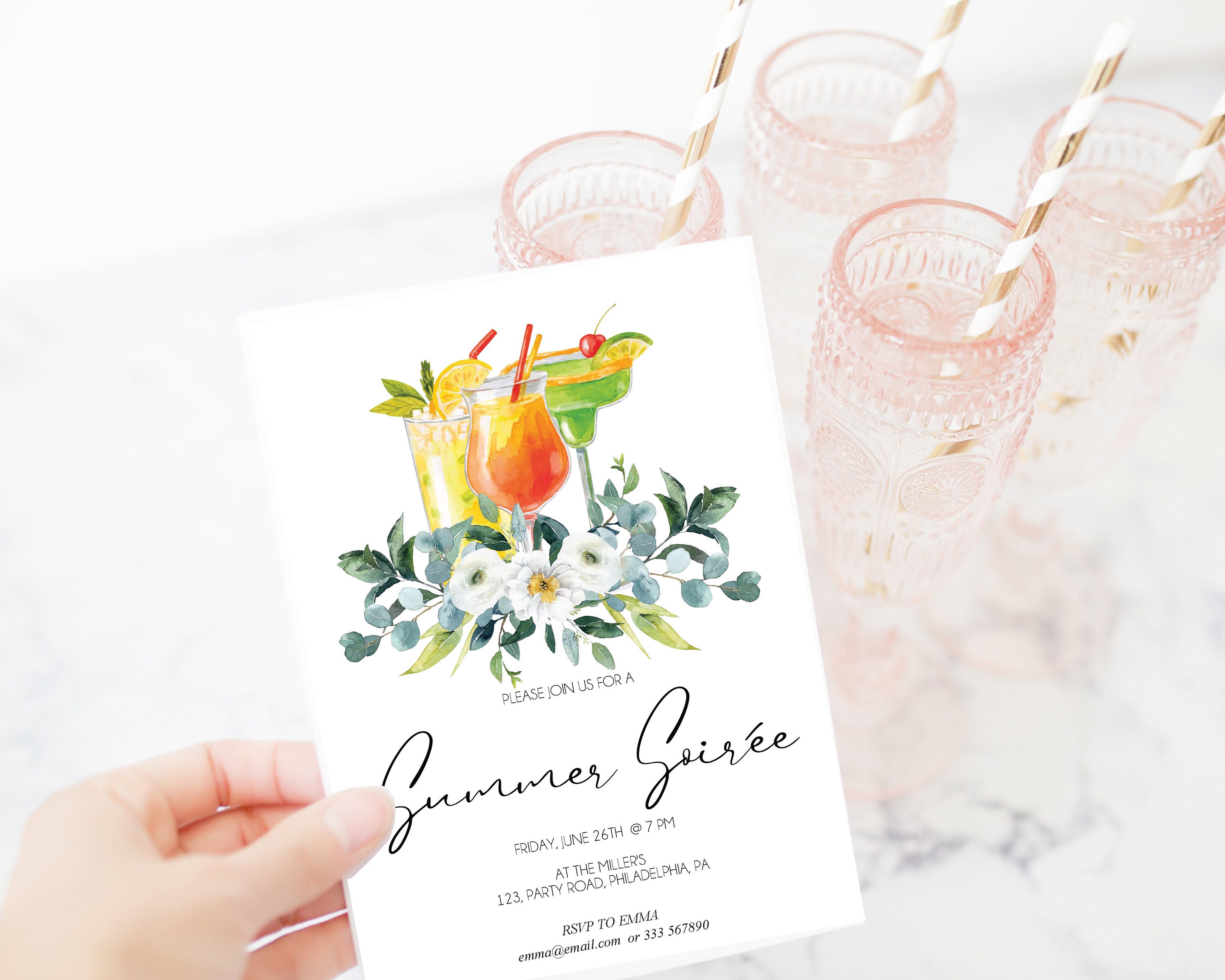 Elegant Summer Soiree invitation printable, Drinks Cocktail Party ...