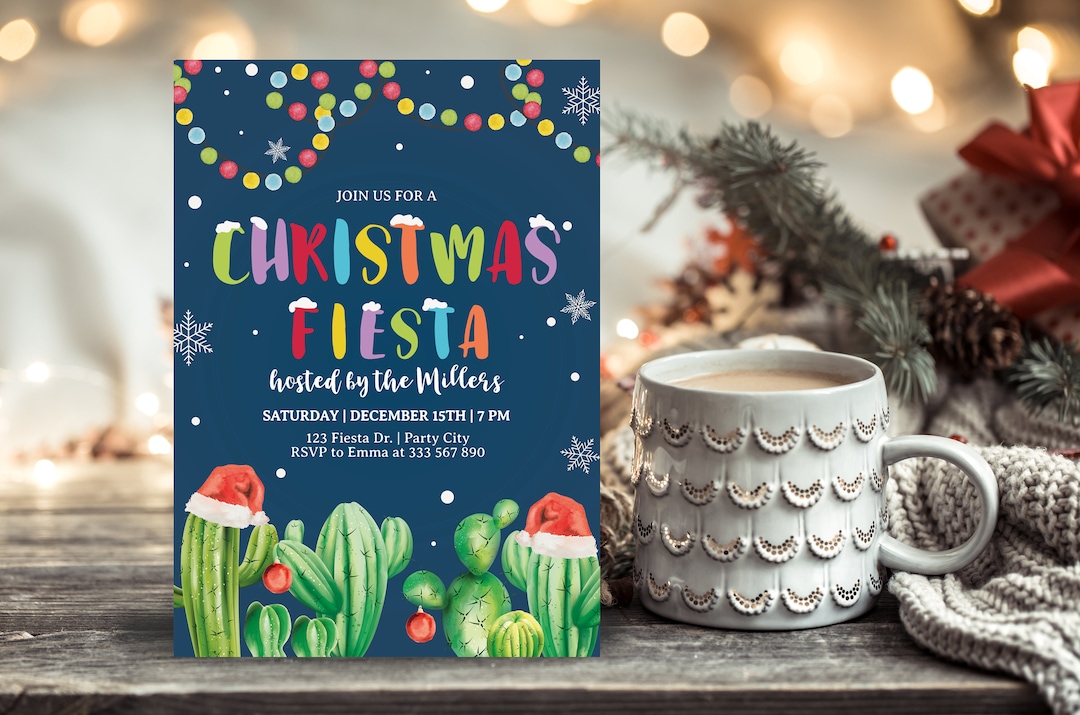 Christmas Fiesta Party Invitation, Holiday Fiesta Invitation Card Printable, Cacti Christmas ...