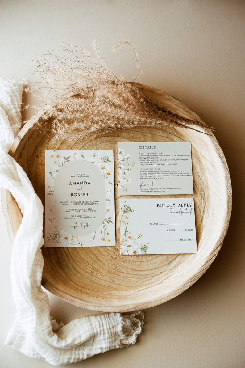 Daisy Wedding Invitation Suite Template, Boho Wildflower Wedding ...