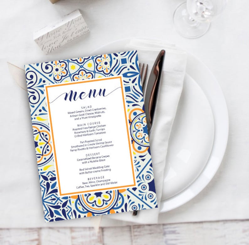 Mediterranean Tiles Menu Template 5x7 Inches Portuguese Tiles - Etsy