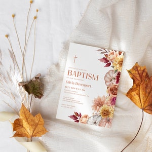 Fall Baptism Invitation Card Template, Flowers and Pumpkins Baptism ...