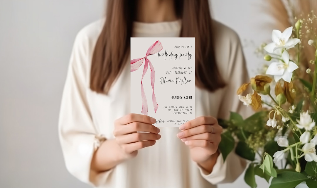 Coquette Birthday Invitation, Bow Birthday Party, Hand Drawn Watercolor ...