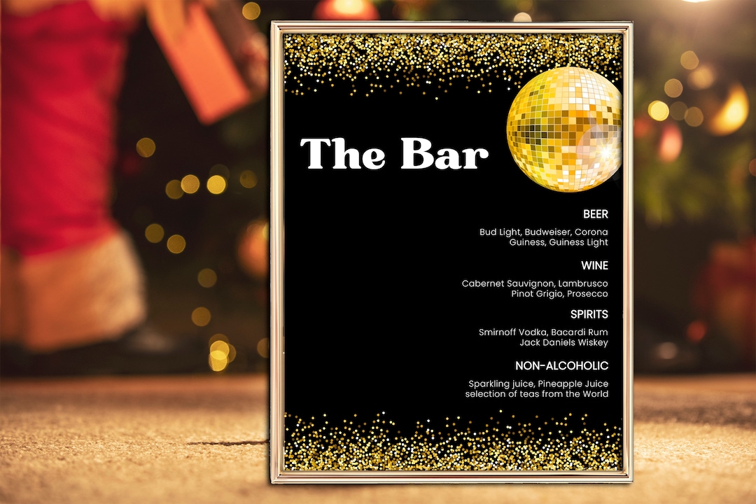 New Years Bar Menu Sign, New Year's Eve Party Decor, Gold Dico Ball New ...