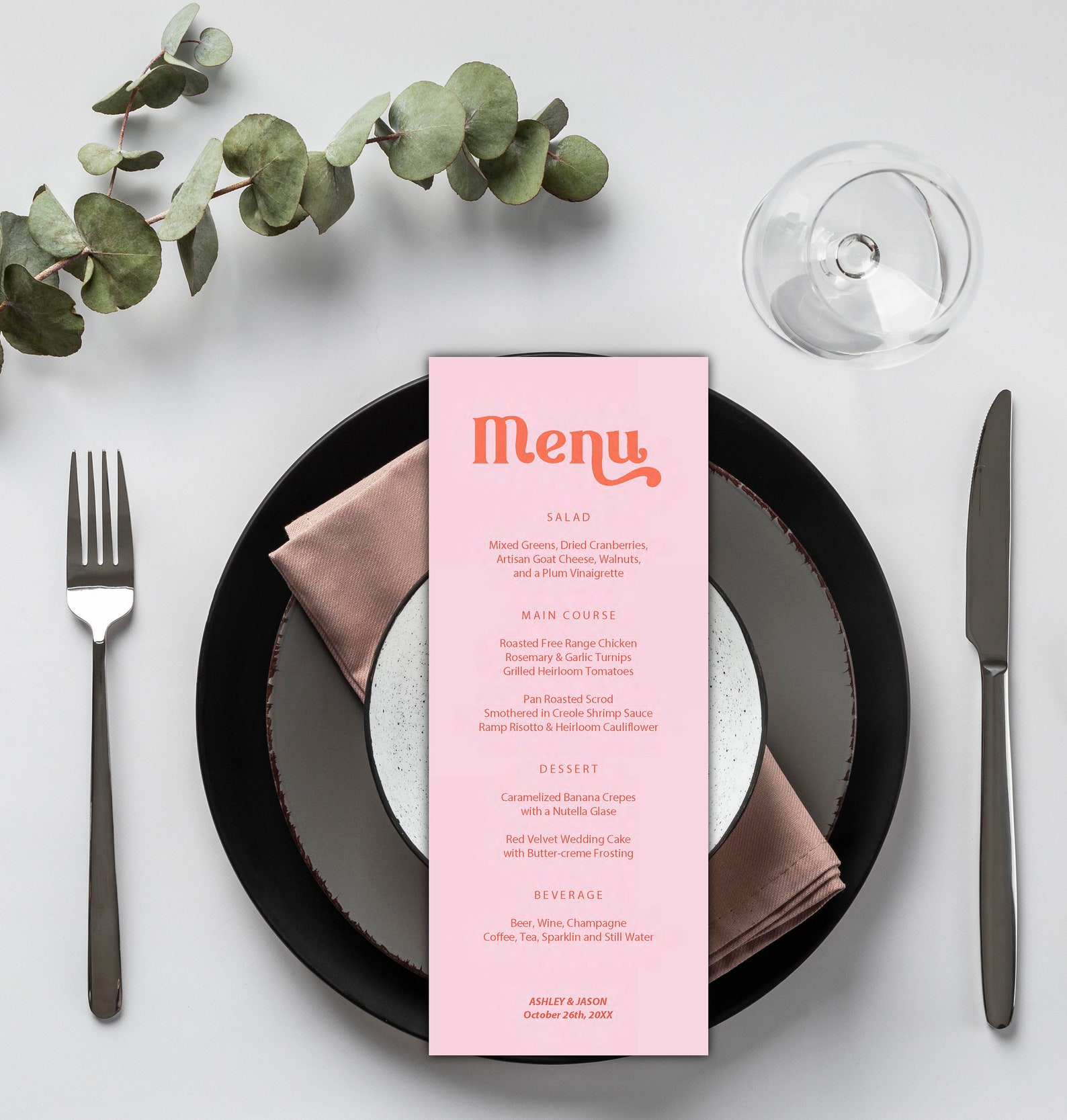 Retro Pink and Orange Menu Card Printable Fancy Font Bold - Etsy