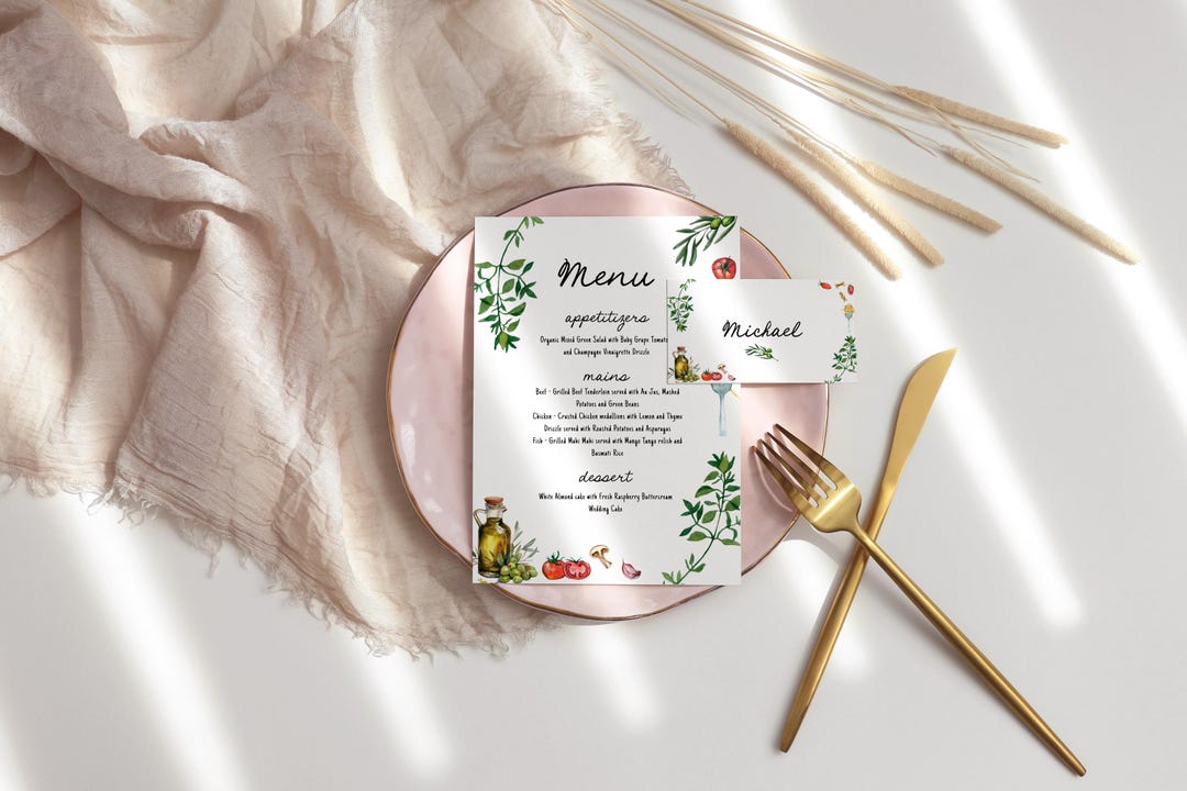 Italian Style Wedding Menu Template, Food Illustration Menu and Place ...