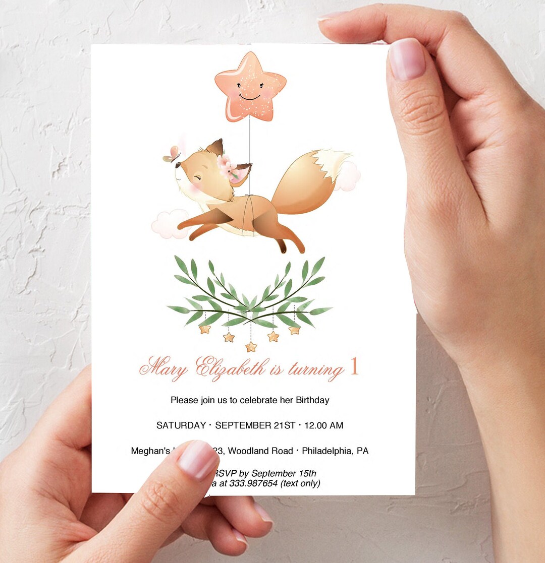 Fox Birthday Invitation Template, Baby Girl 1st Birthday Invitation ...
