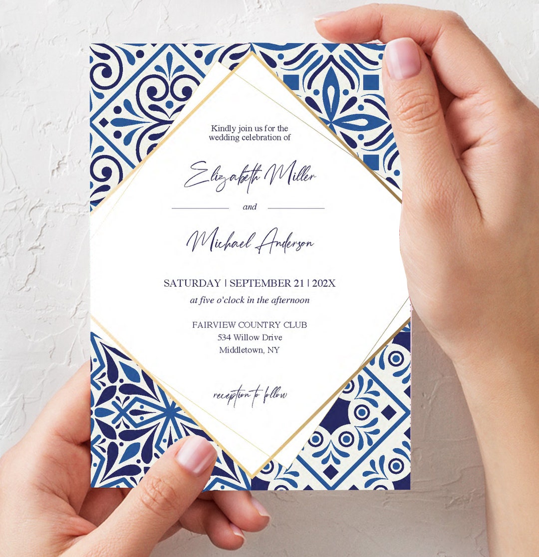 Blue Tiles Wedding Invitation Template, Blue and Gold Elegant Wedding ...