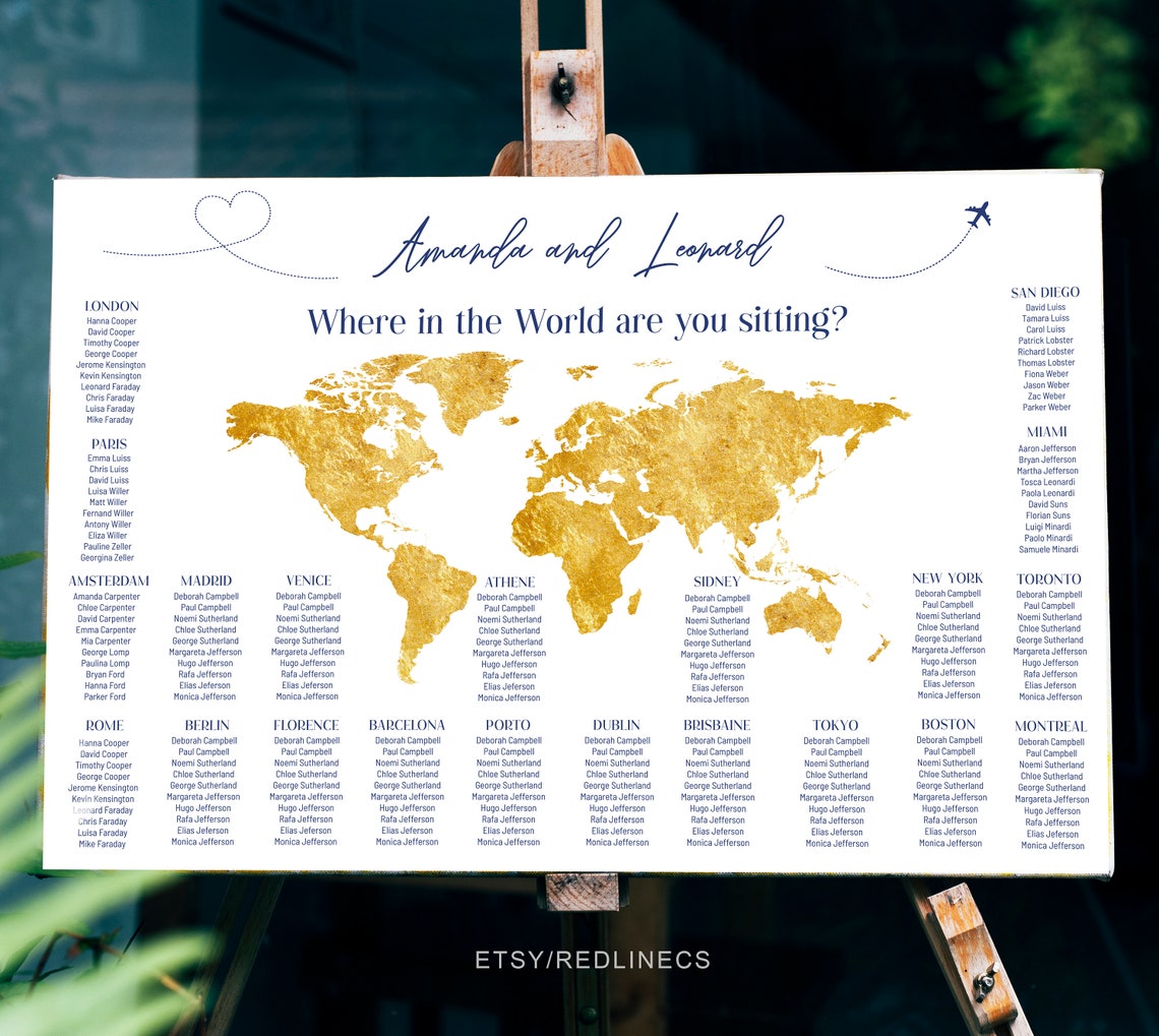 Travel Theme Wedding Seating Chart Template, Tableau Marriage World Map ...