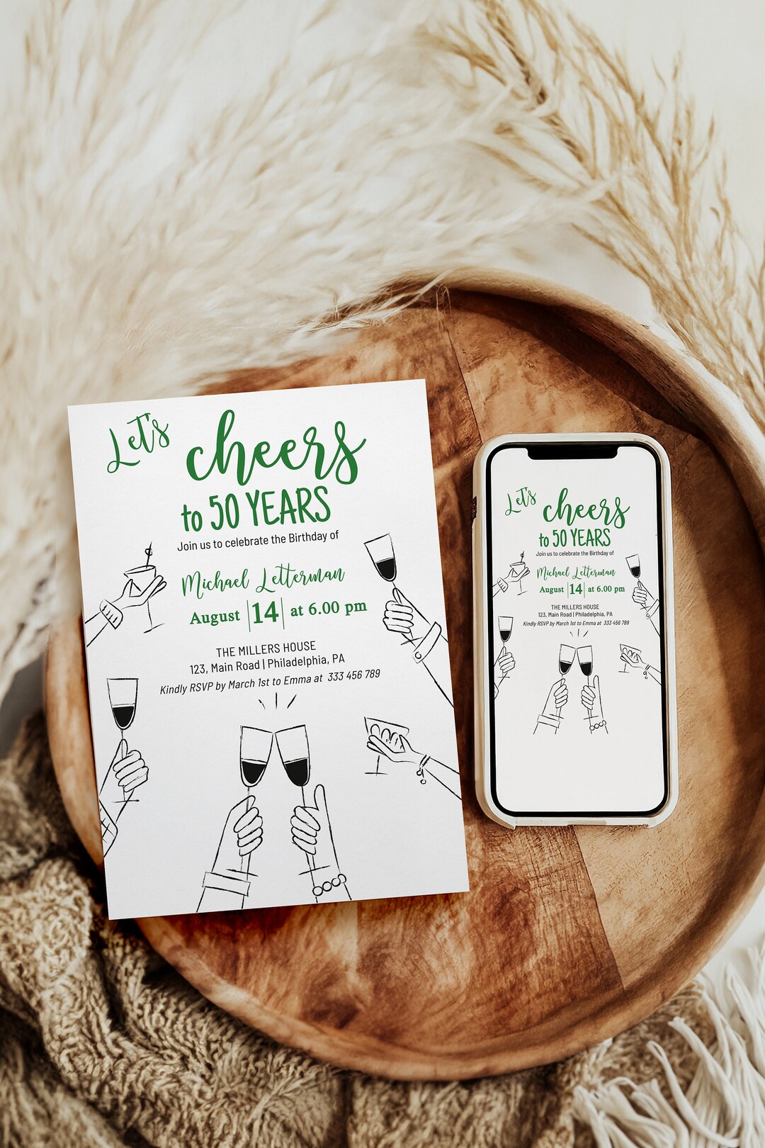 50th Birthday Party Invitation, Cheers to 50 Years, Scribble Hands and ...