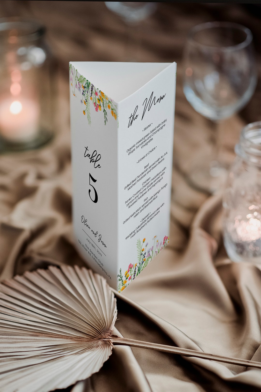 Wildflowers Trifold Table Numbers With Menu and Program, Floral Tri ...