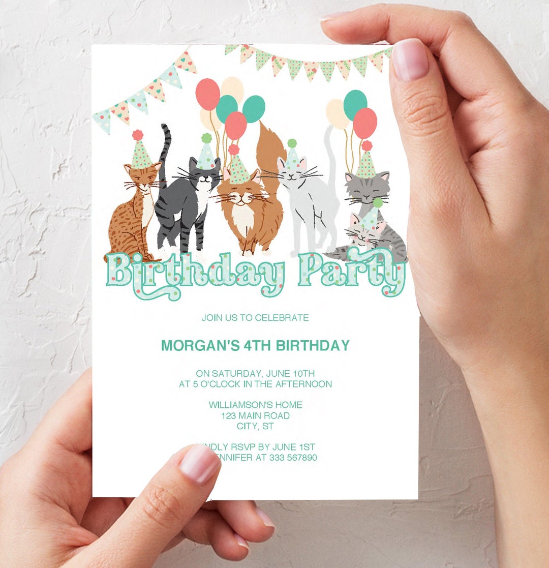 Cat Birthday Party Invitation Printable, Cats and Kittens With Party ...