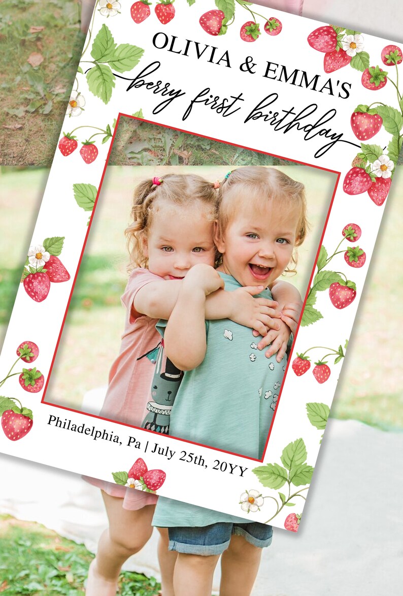 Berry First Birthday Photo Booth Frame Template, Strawberry Sweet Frame ...