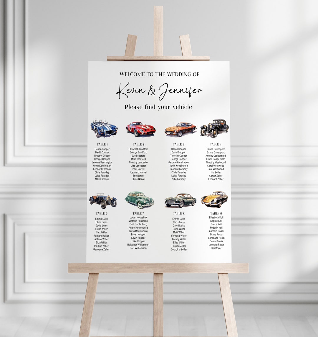 Vintage Cars Wedding Seating Chart Template, Watercolor Vehicles ...