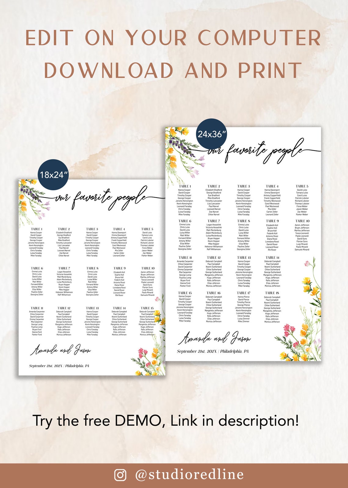 Wildflowers Boho Seating Chart Poster Template, Wedding Seating Chart ...